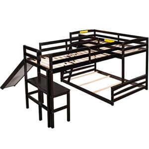 Woanke Twin Over Full Bunk Bed with Twin Size Loft Bed, L-Shaped Wooden Twin Size Loft Bed Frame with Desk, Slide & Full-Length Guardrail for Kids Teens Adults Bedroom, No Box Spring Needed, Espresso