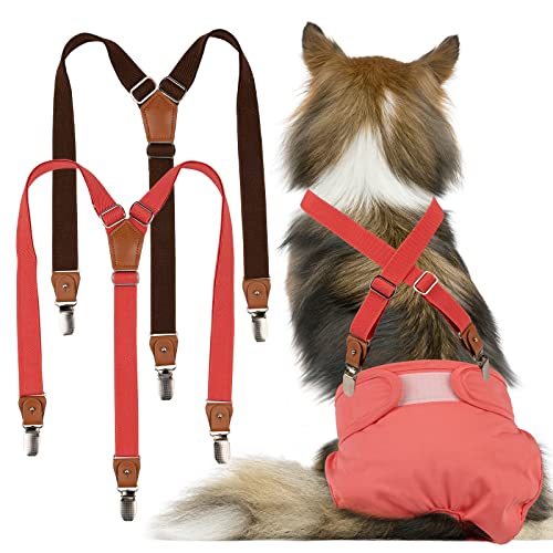 Pet Soft Dog Suspenders 2 Pieces Female Dog Diaper Suspenders for Dogs Diaper Keeper Suspender for Dog Skirt, Dog Dress (Brown & Red, M/L)