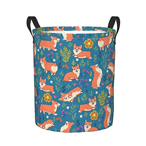 KiuLoam Cute Corgi Breed Dogs With Flowers 19.6 Inches Large Storage Basket Collapsible Organizer Bin Laundry Hamper for Nursery Clothes Toys