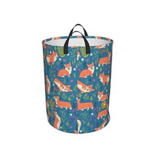 KiuLoam Cute Corgi Breed Dogs With Flowers 19.6 Inches Large Storage Basket Collapsible Organizer Bin Laundry Hamper for Nursery Clothes Toys