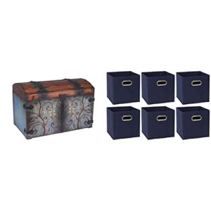 household essentials vintage wood storage trunk, large, blue body/brown lid/floral design & 81-1 foldable fabric storage bins | set of 6 cubby cubes with handles | navy blue, 6 lbs