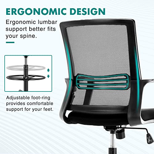 OLIXIS Tall Office Drafting Ergonomic Lumbar Support Armrests Standing Desk Chair with Adjustable Foot Ring Breathable Mesh, Comfortable Padded Seat Cushion, Black