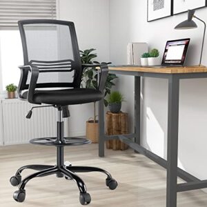 OLIXIS Tall Office Drafting Ergonomic Lumbar Support Armrests Standing Desk Chair with Adjustable Foot Ring Breathable Mesh, Comfortable Padded Seat Cushion, Black