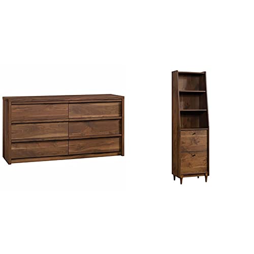 Sauder Harvey Park Dresser, L: 60.71" x W: 17.48" x H: 31.06", Grand Walnut Finish & Harvey Park Narrow Bookcase, Grand Walnut Finish