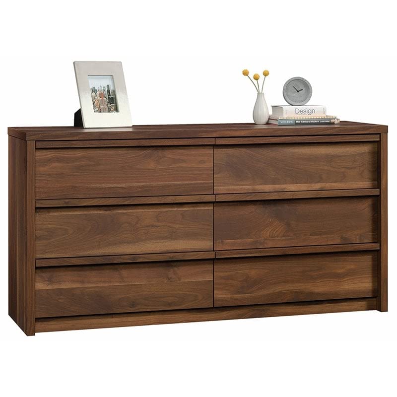 Sauder Harvey Park Dresser, L: 60.71" x W: 17.48" x H: 31.06", Grand Walnut Finish & Harvey Park Narrow Bookcase, Grand Walnut Finish