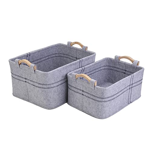 Set of 2 Hand Woven Fabric Storage Baskets with Wooden Handle Cubic Storage Box, Suitable for Home Wardrobe, Clothes, Toys, Shelf Organization and Decorative Baskets