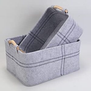 Set of 2 Hand Woven Fabric Storage Baskets with Wooden Handle Cubic Storage Box, Suitable for Home Wardrobe, Clothes, Toys, Shelf Organization and Decorative Baskets