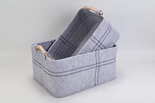 Set of 2 Hand Woven Fabric Storage Baskets with Wooden Handle Cubic Storage Box, Suitable for Home Wardrobe, Clothes, Toys, Shelf Organization and Decorative Baskets