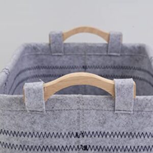 Set of 2 Hand Woven Fabric Storage Baskets with Wooden Handle Cubic Storage Box, Suitable for Home Wardrobe, Clothes, Toys, Shelf Organization and Decorative Baskets