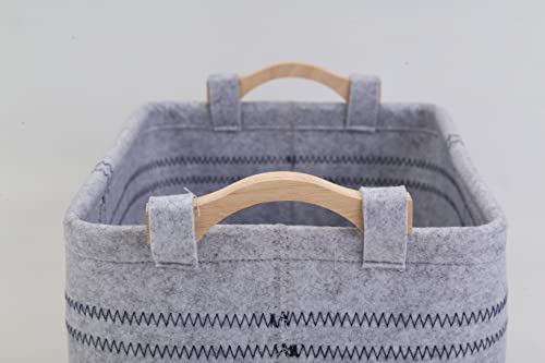 Set of 2 Hand Woven Fabric Storage Baskets with Wooden Handle Cubic Storage Box, Suitable for Home Wardrobe, Clothes, Toys, Shelf Organization and Decorative Baskets