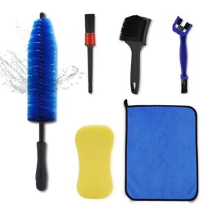 jfg racing bike & motorcycle cleaning brush kit 6 pack,detailing kit,stiff tire brush,detailing brush,cleaning sponge,chain brush,microfiber towel for mudguard,rims,paint,exhaust,frame clean, blue