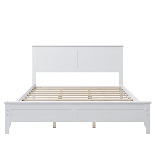 Tensun Queen Size Modern Solid Wood Platform Bed Frame with Headboard for Kids Adults,Wood Slats Support,No Box Spring Needed,White