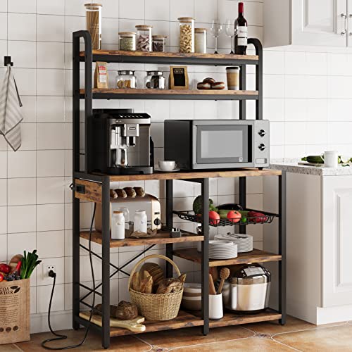 IDEALHOUSE Bakers Rack with Power Outlet, Coffee Bar with Wire Drawer, Industrial Microwave Stand, Kitchen Buffet Table with Large Storage, 6-Tier Kitchen Storage Rack with Hutch, Rustic Brown