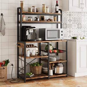 IDEALHOUSE Bakers Rack with Power Outlet, Coffee Bar with Wire Drawer, Industrial Microwave Stand, Kitchen Buffet Table with Large Storage, 6-Tier Kitchen Storage Rack with Hutch, Rustic Brown