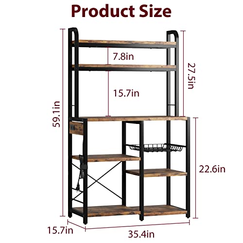 IDEALHOUSE Bakers Rack with Power Outlet, Coffee Bar with Wire Drawer, Industrial Microwave Stand, Kitchen Buffet Table with Large Storage, 6-Tier Kitchen Storage Rack with Hutch, Rustic Brown