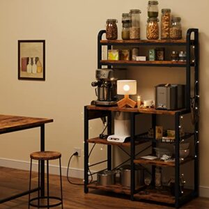 IDEALHOUSE Bakers Rack with Power Outlet, Coffee Bar with Wire Drawer, Industrial Microwave Stand, Kitchen Buffet Table with Large Storage, 6-Tier Kitchen Storage Rack with Hutch, Rustic Brown