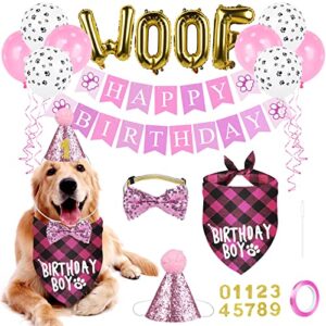 dog birthday party supplies,dog birthday bandana hat banner set,woof balloons happy birthday banner,dog birthday party supplies for pet puppy cat birthday party decorations pink