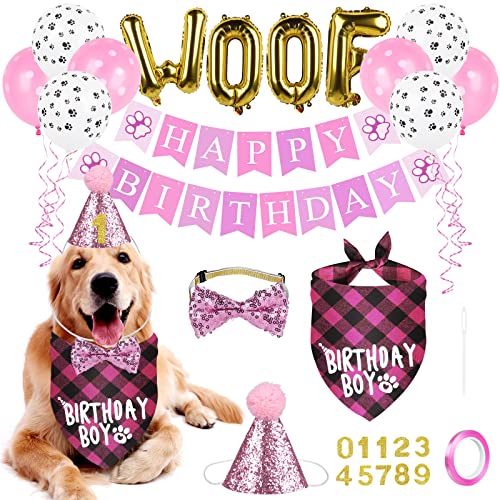 Dog Birthday Party Supplies,Dog Birthday Bandana Hat Banner Set,WOOF Balloons Happy Birthday Banner,Dog Birthday Party Supplies for Pet Puppy Cat Birthday Party Decorations Pink