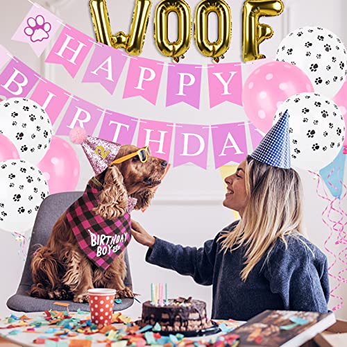 Dog Birthday Party Supplies,Dog Birthday Bandana Hat Banner Set,WOOF Balloons Happy Birthday Banner,Dog Birthday Party Supplies for Pet Puppy Cat Birthday Party Decorations Pink