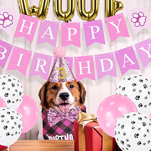 Dog Birthday Party Supplies,Dog Birthday Bandana Hat Banner Set,WOOF Balloons Happy Birthday Banner,Dog Birthday Party Supplies for Pet Puppy Cat Birthday Party Decorations Pink