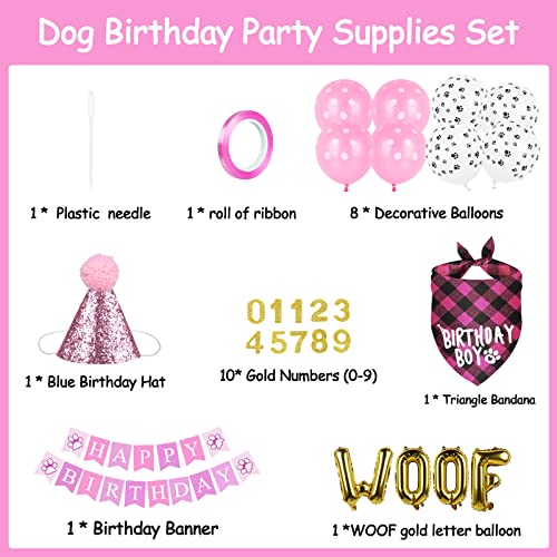 Dog Birthday Party Supplies,Dog Birthday Bandana Hat Banner Set,WOOF Balloons Happy Birthday Banner,Dog Birthday Party Supplies for Pet Puppy Cat Birthday Party Decorations Pink