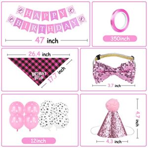 Dog Birthday Party Supplies,Dog Birthday Bandana Hat Banner Set,WOOF Balloons Happy Birthday Banner,Dog Birthday Party Supplies for Pet Puppy Cat Birthday Party Decorations Pink