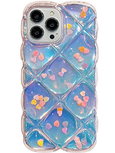 Qokey Compatible with iPhone 13 Pro Max Case,Cute Laser Gradual Bling Love Heart Glitter Clear+Translucent Card Soft Wave Frame Anti-Falling 3D Thick Shockproof Phone Cover(for 13 Pro Max 6.7)