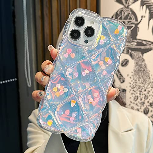 Qokey Compatible with iPhone 13 Pro Max Case,Cute Laser Gradual Bling Love Heart Glitter Clear+Translucent Card Soft Wave Frame Anti-Falling 3D Thick Shockproof Phone Cover(for 13 Pro Max 6.7)