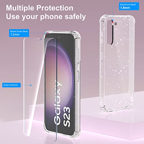 KSWOUS for Samsung Galaxy S23 Case Glitter Clear with Screen Protector[2 Pack], [Military Protection] Bling Sparkly Cute Bumper Shockproof Slim Cover for Women Girls