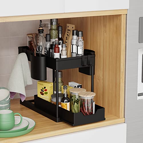 HEVOL Under Sink Organizers and Storage,2 Tier Bathroom Sink Organizer Sliding Drawer with 4 Hooks & 2 Hanging Cups,Multi-purpose Storage Shelf for Kitchen Bathroom Organizer - Send 1 Cleaning Cloth