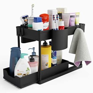 hevol under sink organizers and storage,2 tier bathroom sink organizer sliding drawer with 4 hooks & 2 hanging cups,multi-purpose storage shelf for kitchen bathroom organizer - send 1 cleaning cloth