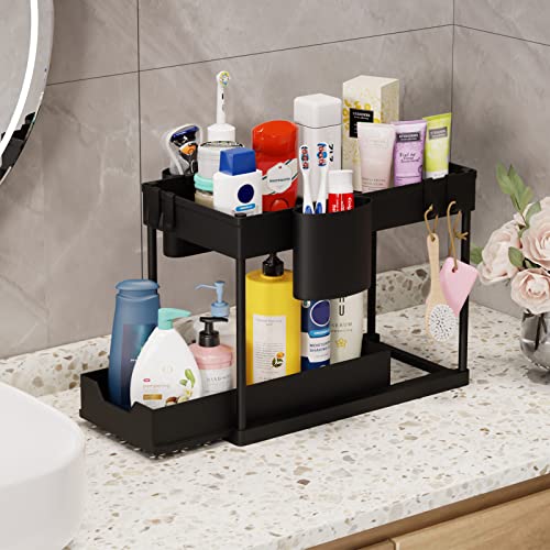 HEVOL Under Sink Organizers and Storage,2 Tier Bathroom Sink Organizer Sliding Drawer with 4 Hooks & 2 Hanging Cups,Multi-purpose Storage Shelf for Kitchen Bathroom Organizer - Send 1 Cleaning Cloth