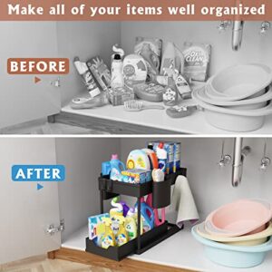 HEVOL Under Sink Organizers and Storage,2 Tier Bathroom Sink Organizer Sliding Drawer with 4 Hooks & 2 Hanging Cups,Multi-purpose Storage Shelf for Kitchen Bathroom Organizer - Send 1 Cleaning Cloth