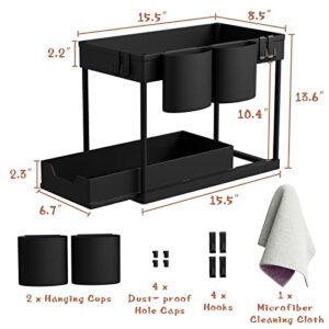 HEVOL Under Sink Organizers and Storage,2 Tier Bathroom Sink Organizer Sliding Drawer with 4 Hooks & 2 Hanging Cups,Multi-purpose Storage Shelf for Kitchen Bathroom Organizer - Send 1 Cleaning Cloth