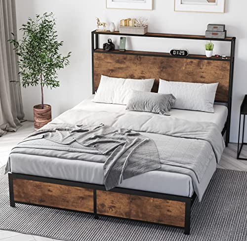 Queen Bed Frame with 2-Tier Storage Headboard, Platform Bed Frame Queen Size No Box Spring Needed, Metal Bed Frame Queen with Heavy Duty Steel Slats, Underbed Storage Space, Noise Free, Dark Brown