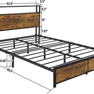 Queen Bed Frame with 2-Tier Storage Headboard, Platform Bed Frame Queen Size No Box Spring Needed, Metal Bed Frame Queen with Heavy Duty Steel Slats, Underbed Storage Space, Noise Free, Dark Brown