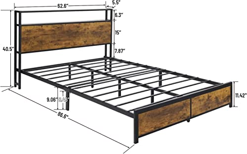 Queen Bed Frame with 2-Tier Storage Headboard, Platform Bed Frame Queen Size No Box Spring Needed, Metal Bed Frame Queen with Heavy Duty Steel Slats, Underbed Storage Space, Noise Free, Dark Brown