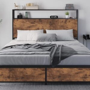 Queen Bed Frame with 2-Tier Storage Headboard, Platform Bed Frame Queen Size No Box Spring Needed, Metal Bed Frame Queen with Heavy Duty Steel Slats, Underbed Storage Space, Noise Free, Dark Brown