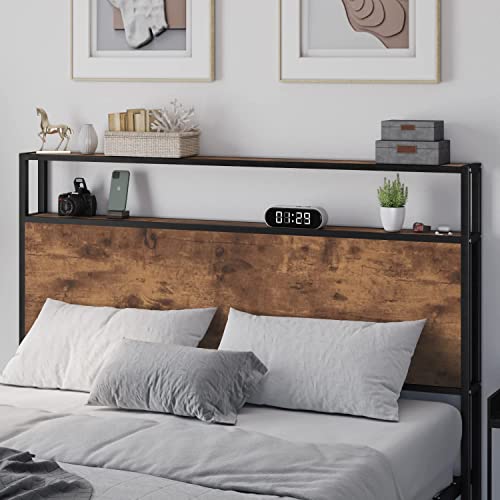 Queen Bed Frame with 2-Tier Storage Headboard, Platform Bed Frame Queen Size No Box Spring Needed, Metal Bed Frame Queen with Heavy Duty Steel Slats, Underbed Storage Space, Noise Free, Dark Brown