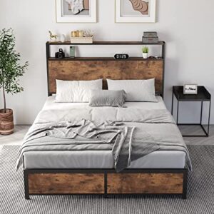 Queen Bed Frame with 2-Tier Storage Headboard, Platform Bed Frame Queen Size No Box Spring Needed, Metal Bed Frame Queen with Heavy Duty Steel Slats, Underbed Storage Space, Noise Free, Dark Brown