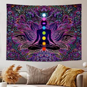 VEEMONIK Blacklight Chakras Tapestry, Spiritual Tapestry Yoga Meditation Hippie Tapestries Wall Hanging, Buddha UV Reactive Tapestry for Bedroom Aesthetic - 51x59 inches