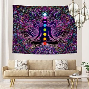 VEEMONIK Blacklight Chakras Tapestry, Spiritual Tapestry Yoga Meditation Hippie Tapestries Wall Hanging, Buddha UV Reactive Tapestry for Bedroom Aesthetic - 51x59 inches