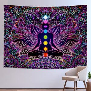 VEEMONIK Blacklight Chakras Tapestry, Spiritual Tapestry Yoga Meditation Hippie Tapestries Wall Hanging, Buddha UV Reactive Tapestry for Bedroom Aesthetic - 51x59 inches