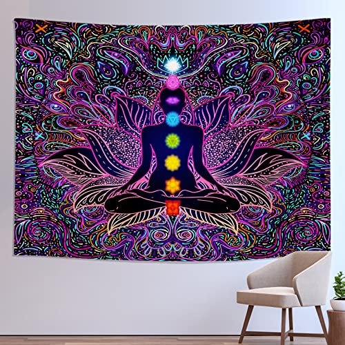 VEEMONIK Blacklight Chakras Tapestry, Spiritual Tapestry Yoga Meditation Hippie Tapestries Wall Hanging, Buddha UV Reactive Tapestry for Bedroom Aesthetic - 51x59 inches