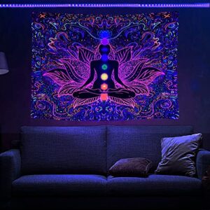 VEEMONIK Blacklight Chakras Tapestry, Spiritual Tapestry Yoga Meditation Hippie Tapestries Wall Hanging, Buddha UV Reactive Tapestry for Bedroom Aesthetic - 51x59 inches