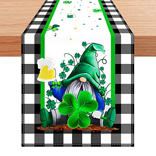 St Patricks Day Table Runner 72 Inches Long, Buffalo Plaid Gnome Shamrock Runner for Table Decorations