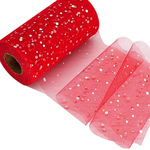 Red Tulle Glitter Tulle Fabric 6 Inch by 50 Yards (150 feet) Tulle Ribbon for Gift Wrapping Sparkle Sequin Tulle Rolls Spool DIY Party Wedding Birthday Decor