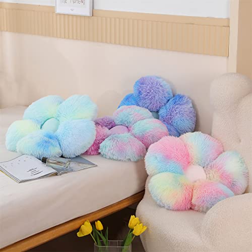 UGEYAO Faux Fur Flower Pillow,Flower Shaped Throw Pillow Butt Cushion Flower Floor Pillow,Seating Cushion,Cute Room Decor & Plush Pillow for Bedroom Sofa Chair (19.7 Inches, Rainbow Purple)