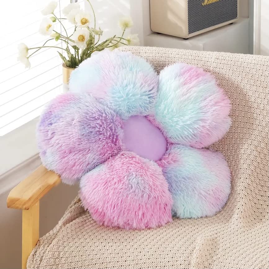 UGEYAO Faux Fur Flower Pillow,Flower Shaped Throw Pillow Butt Cushion Flower Floor Pillow,Seating Cushion,Cute Room Decor & Plush Pillow for Bedroom Sofa Chair (19.7 Inches, Rainbow Purple)