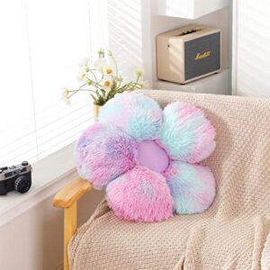 UGEYAO Faux Fur Flower Pillow,Flower Shaped Throw Pillow Butt Cushion Flower Floor Pillow,Seating Cushion,Cute Room Decor & Plush Pillow for Bedroom Sofa Chair (19.7 Inches, Rainbow Purple)